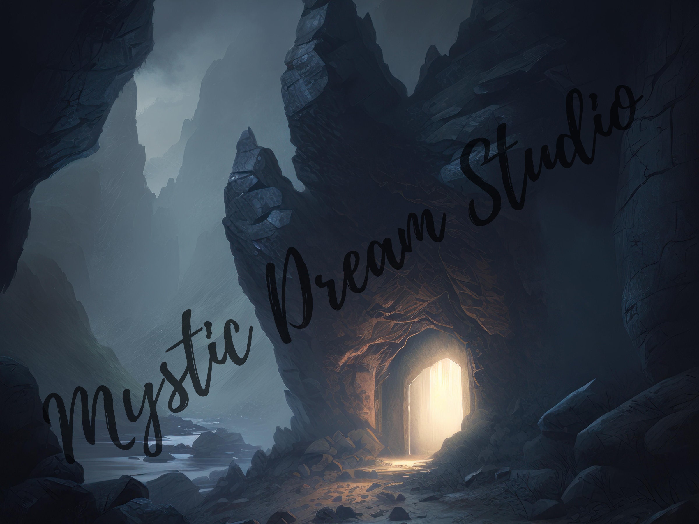 Cave Entrance Light Mountain River Stream Misty Ominous Artwork Digital ...