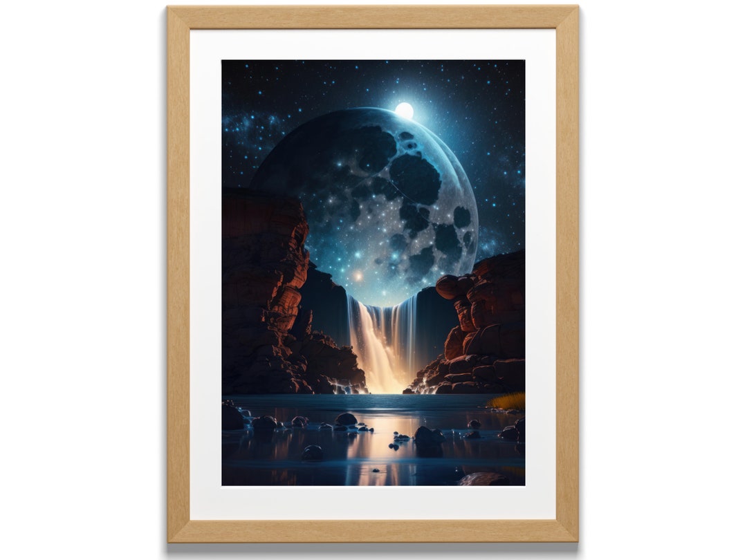 Large Moon Waterfall Rocks Lake Star Sky Portrait Artwork Digital ...