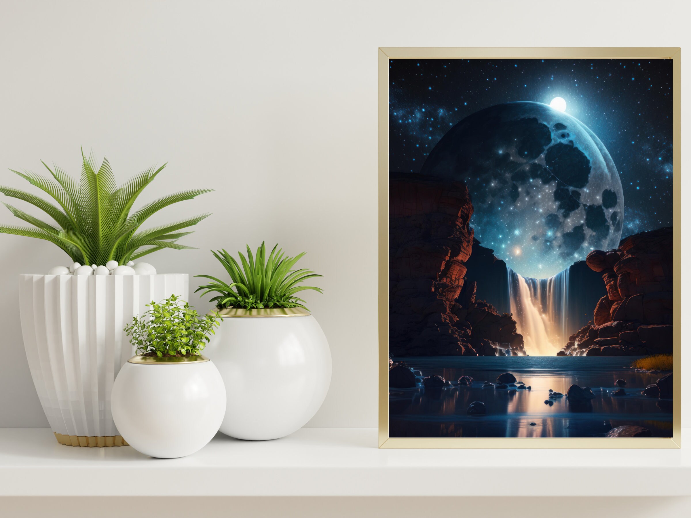 Large Moon Waterfall Rocks Lake Star Sky Portrait Artwork Digital ...