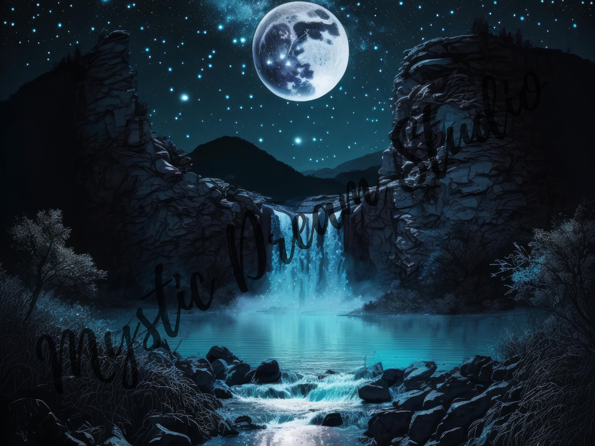 Moon Cliff Waterfall Lake Mountain Night Sky Stars Artwork Digital ...