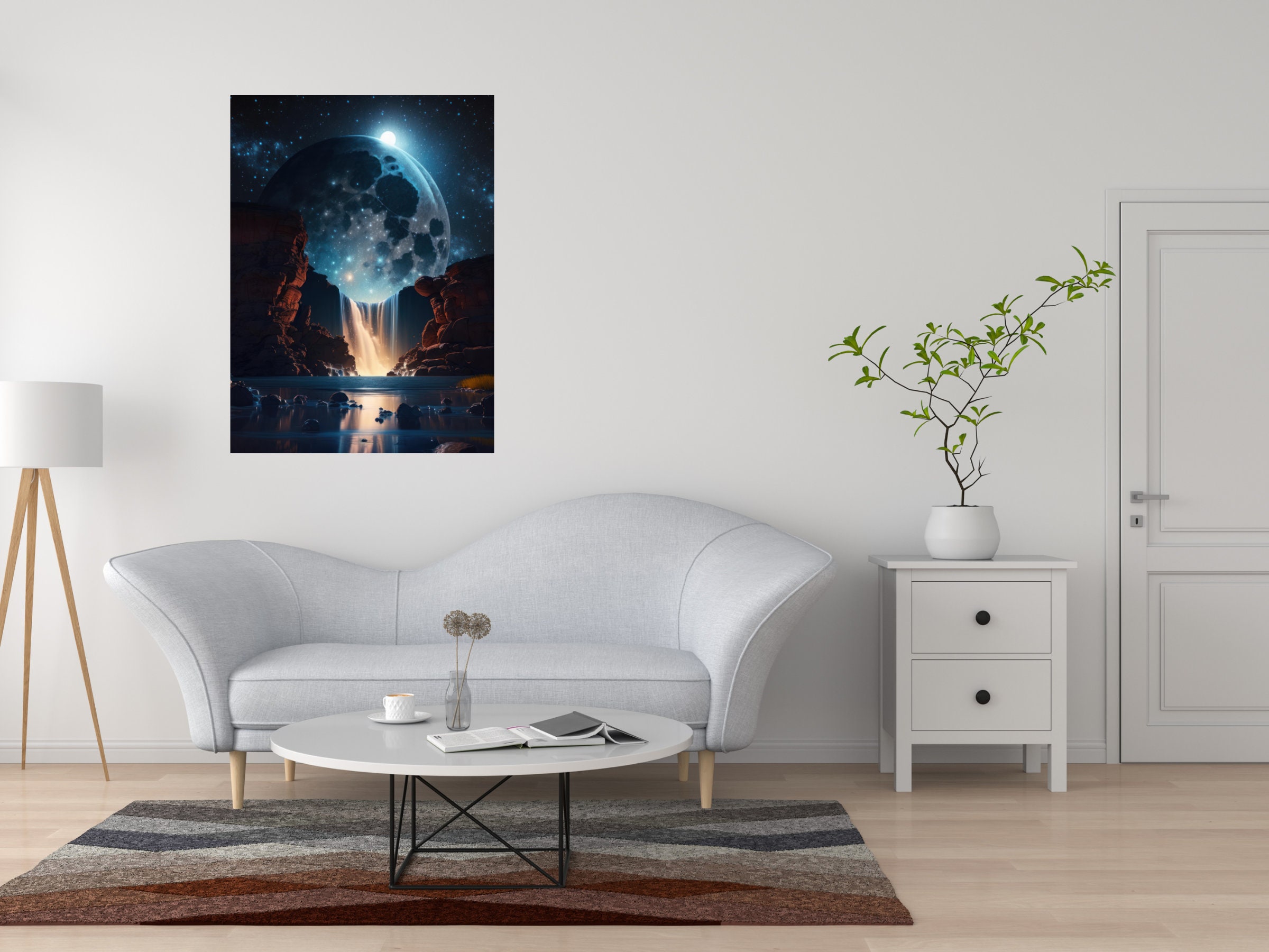 Large Moon Waterfall Rocks Lake Star Sky Portrait Artwork Digital ...