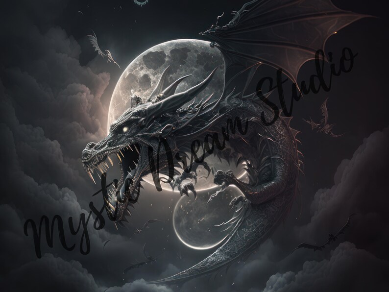 Skeletal Flying Dragon Moon Clouds Sky Artwork Digital Download - Etsy
