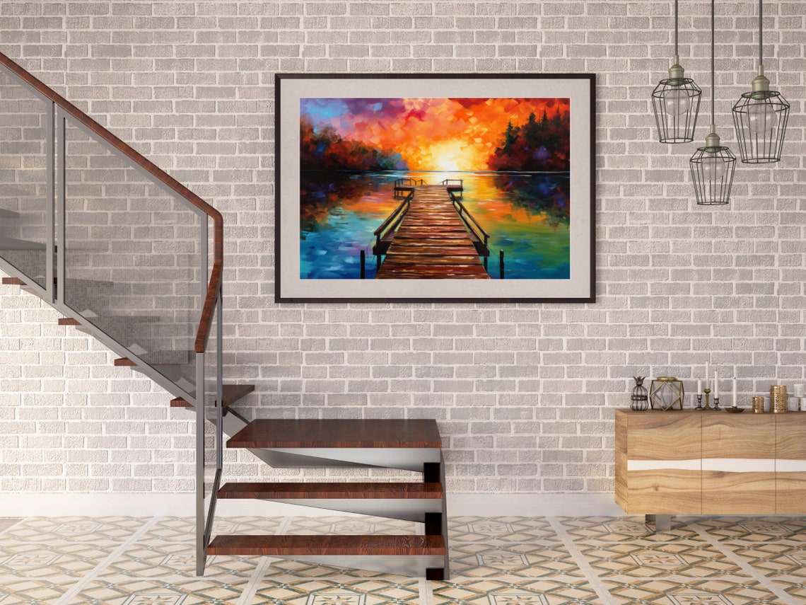 Colorful Sunset Dock Lake Painting Artwork Digital Download - Etsy