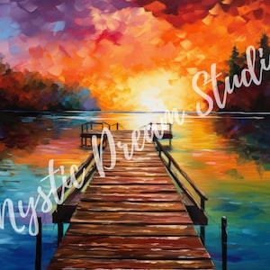 Colorful Sunset Dock Lake Painting Artwork Digital Download - Etsy
