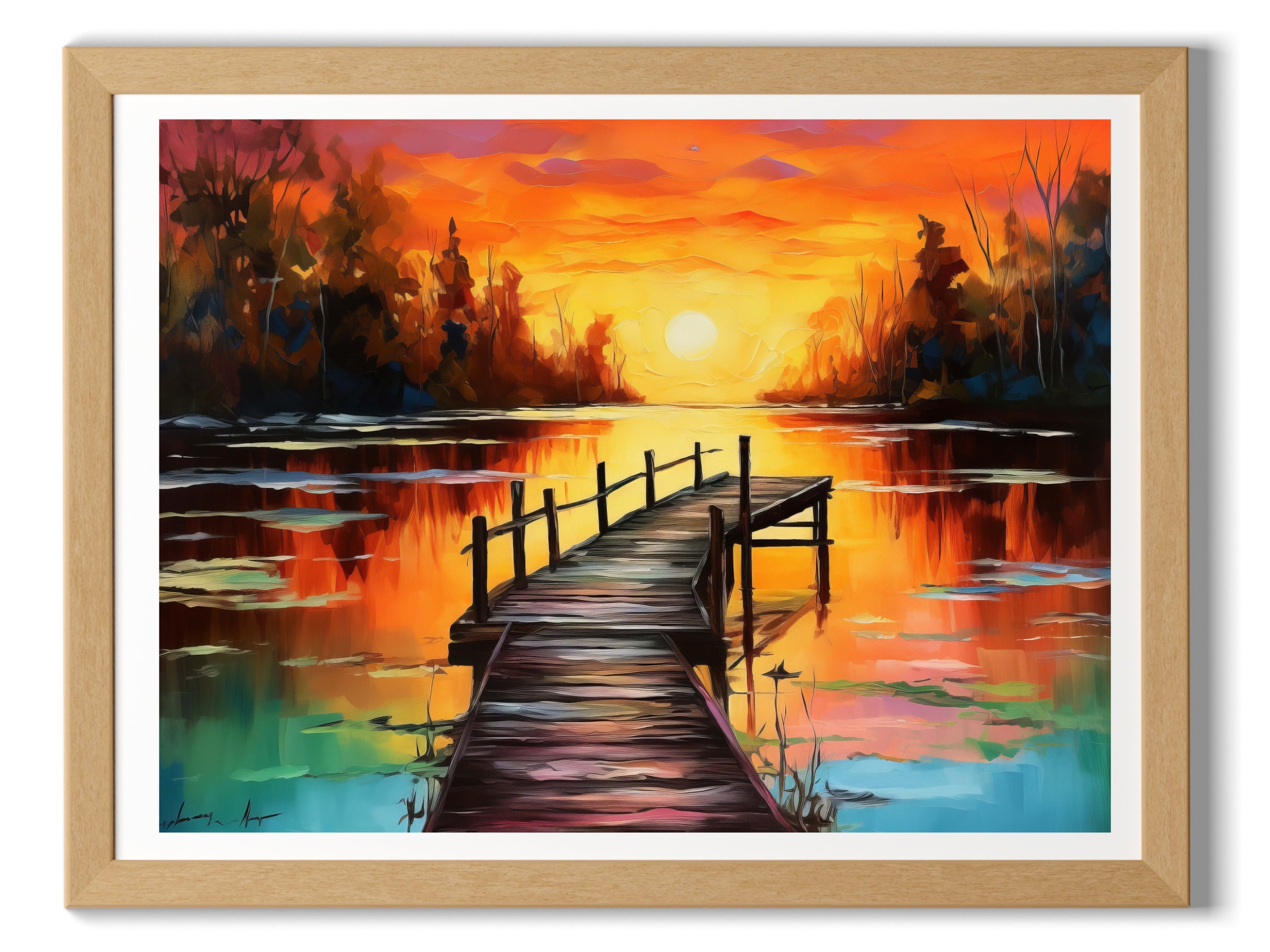 Colorful Sunset Dock Lake Painting Artwork Digital Download - Etsy