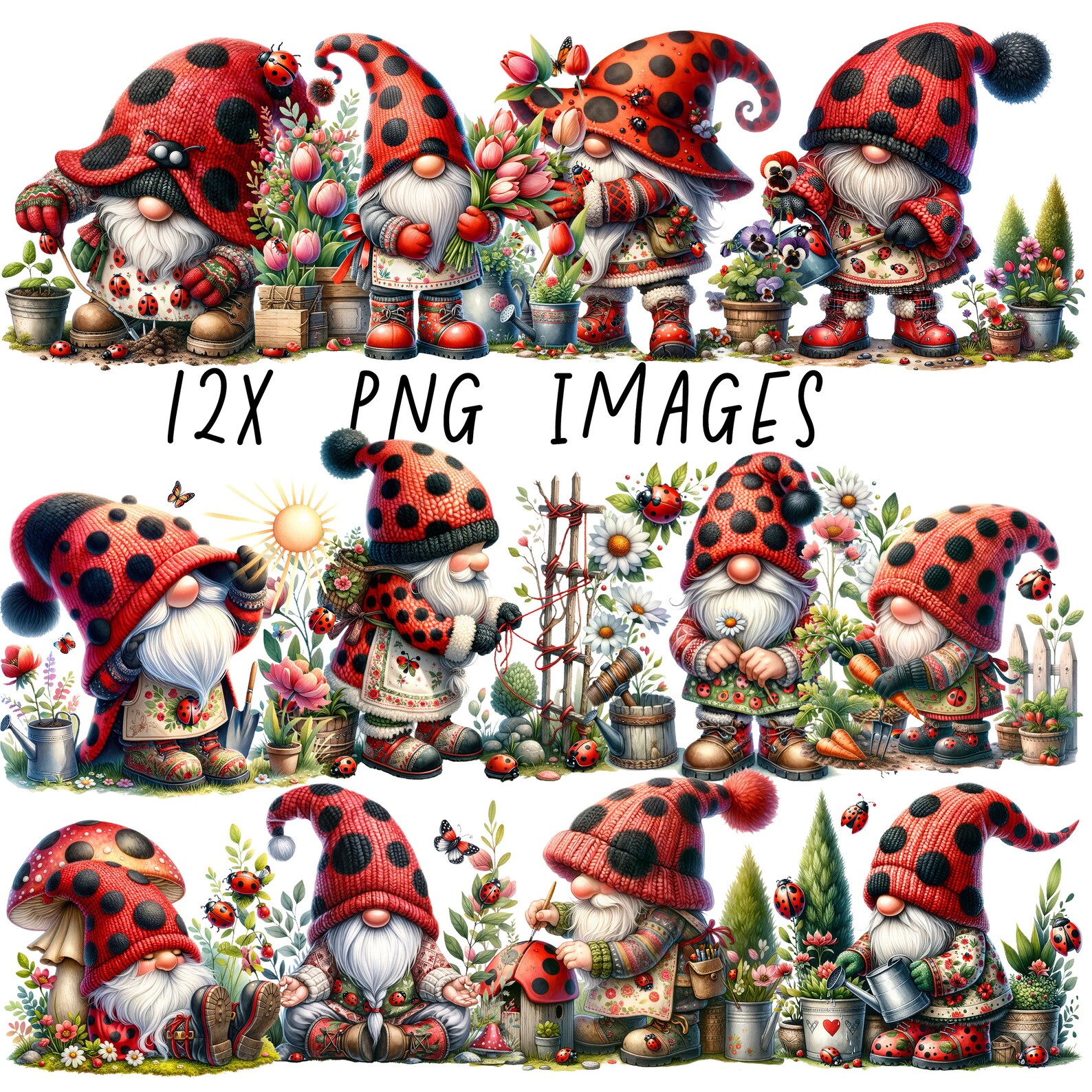 12x Ladybug Ghonk Gnome Clipart PNG Transparent Images Digital Download ...