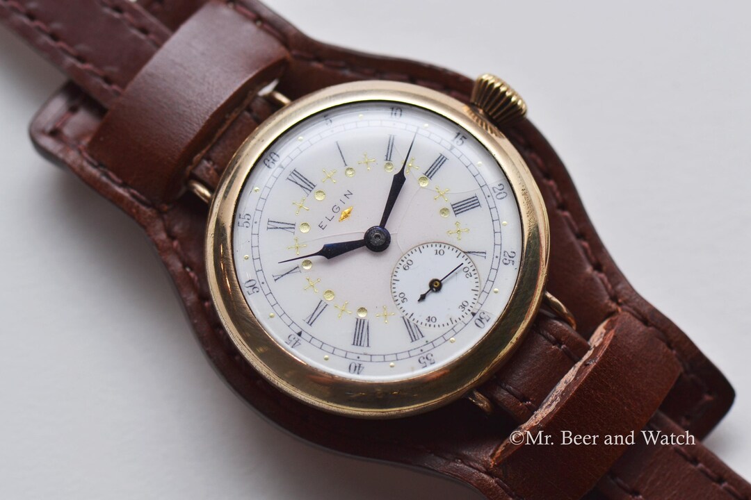 1910 Big Vintage Elgin Trench Watch, Fancy Dial, Gold Filled, Wire Lug ...