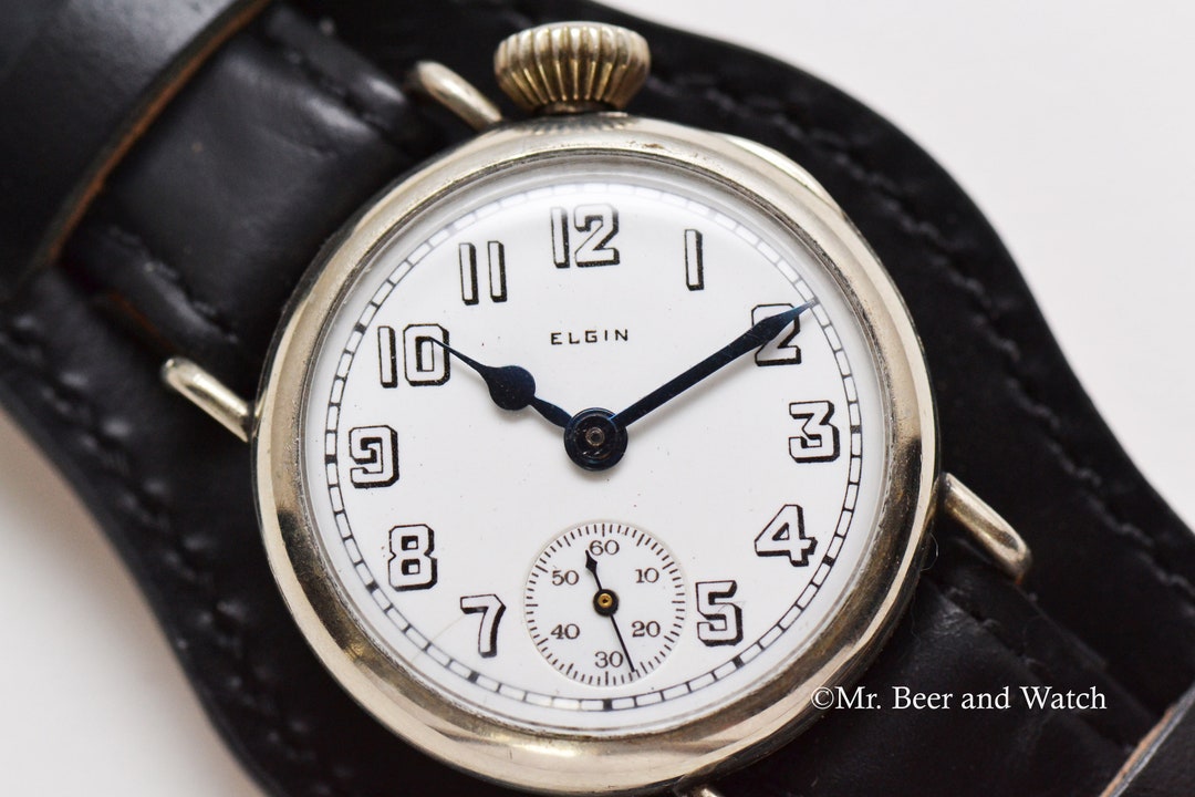 1919 Vintage WWI Elgin Trench Watch, Offset Crown, Wire Lug, Enamel ...