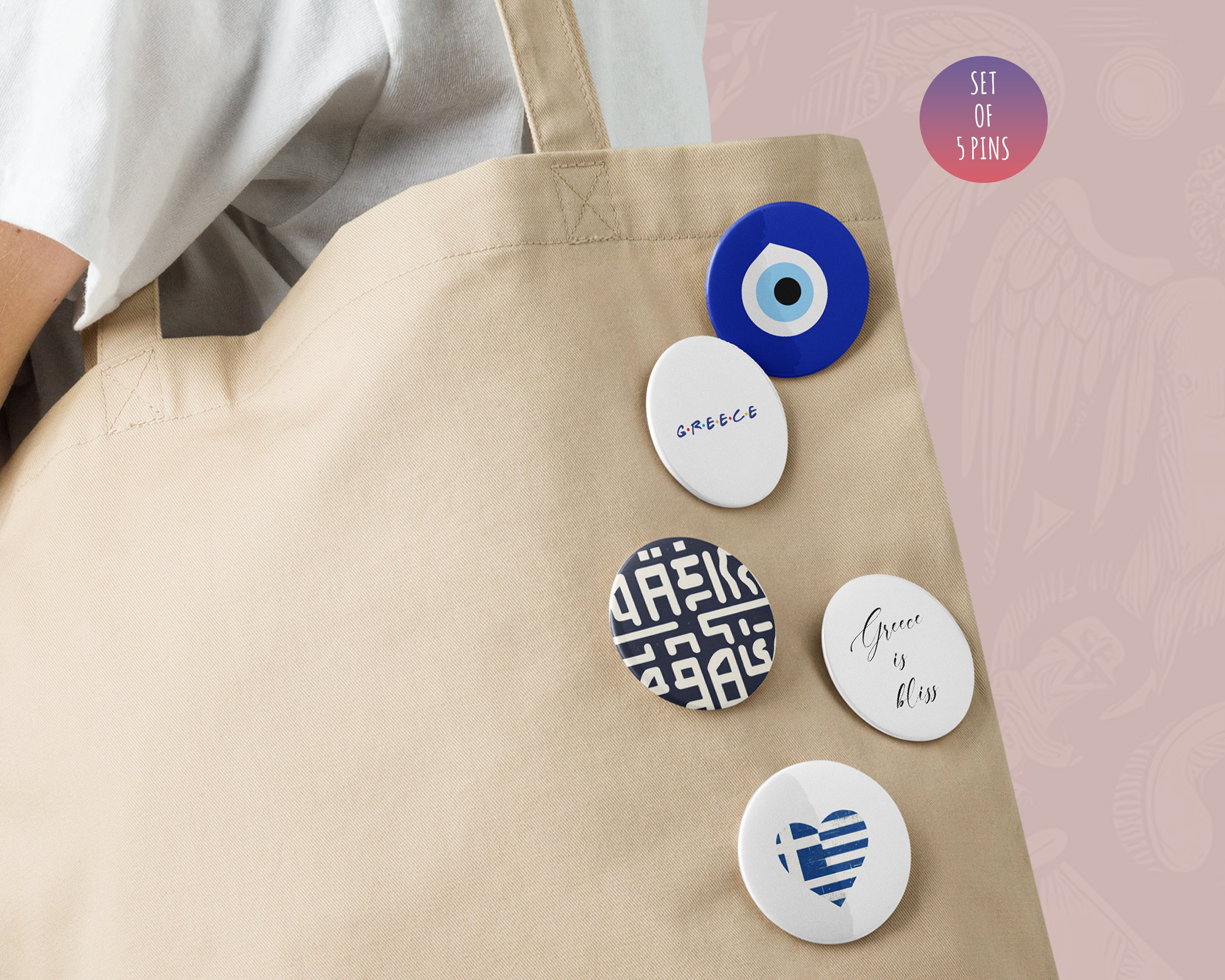 Set of 5 Pins, Greek Pins II, Greek Pins, Pins Set, Badge Pack, Glossy ...