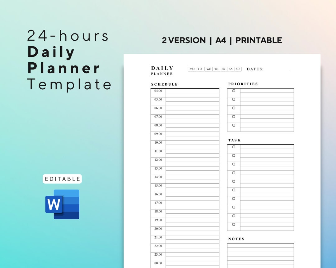 Daily Planner 24 Hour, Editable Template, Hourly Planner, to Do List ...