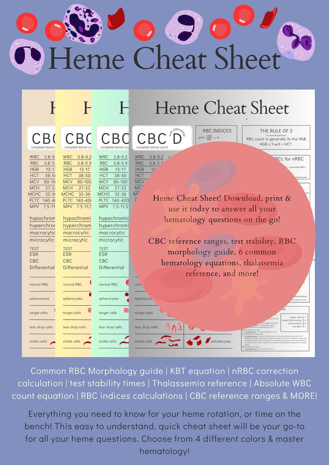 Heme Cheat Sheet MLT/RN/PA Hematology Lab Values - Etsy