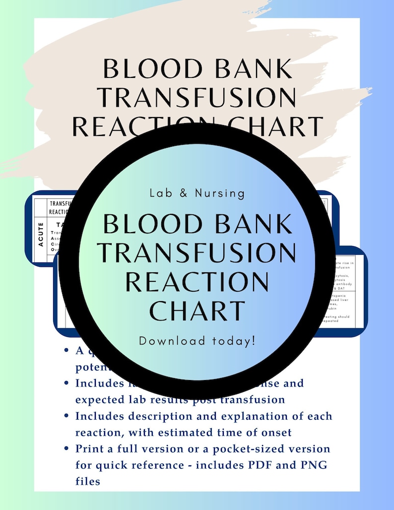 Blood Bank Transfusion Reaction Chart- Cheat Sheet - Rn, Mlt, Mls, Mt ...