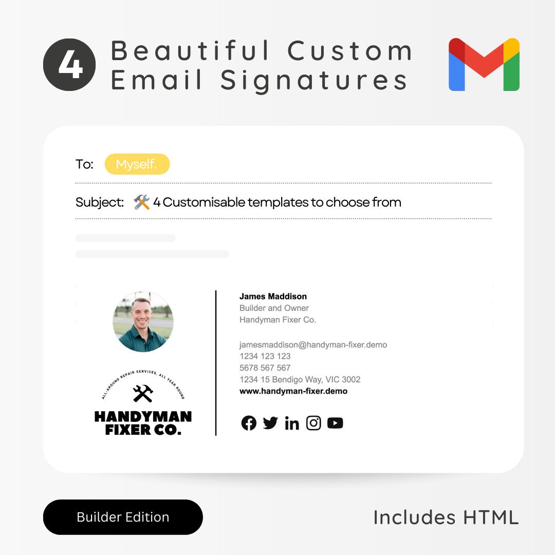Builders Email Signature Template: 4 Custom HTML Designs (gmail Ready ...