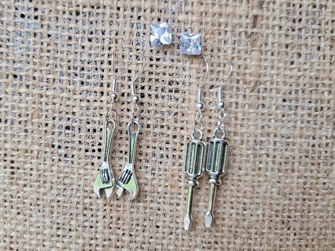 Tool Earrings W/hypoallergenic Option & Bonus CZ Studs - Wrench ...