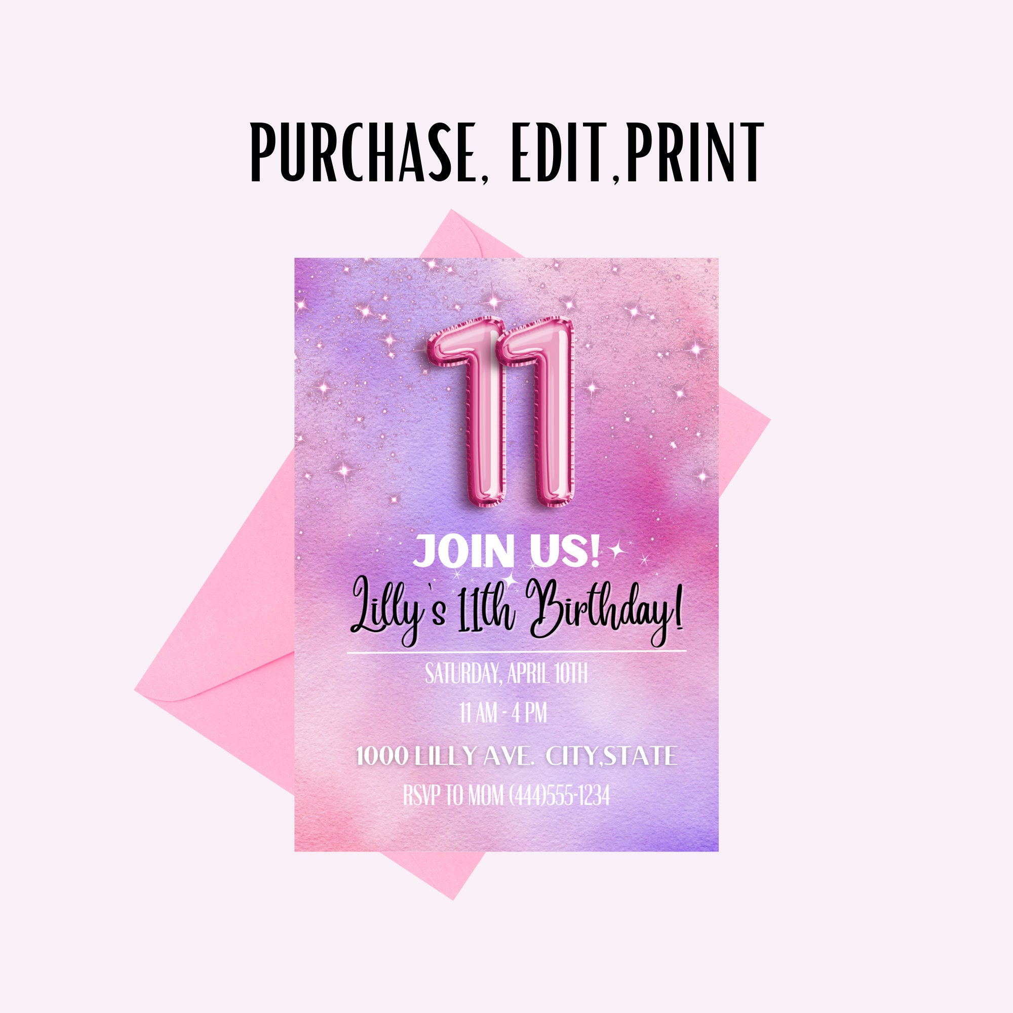 11th Birthday Invitation for Girl, Shinny Pink Glitter Theme Birthday ...