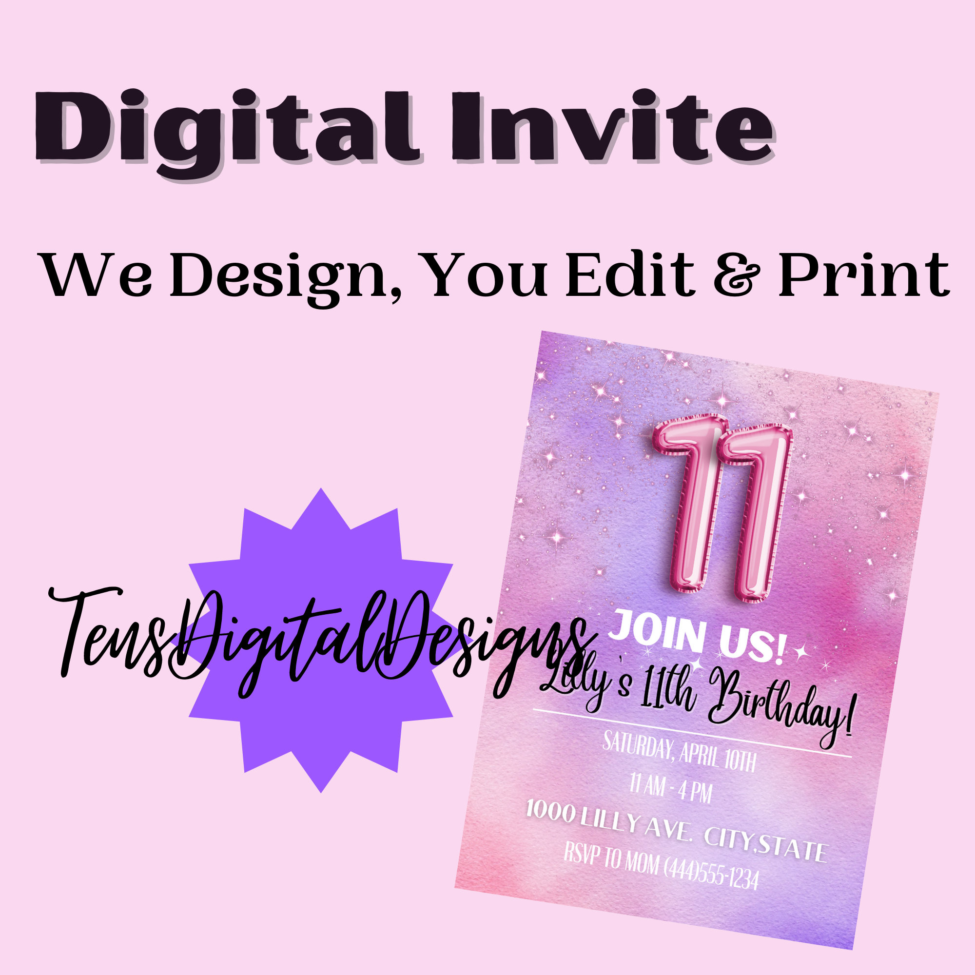 11th Birthday Invitation for Girl, Shinny Pink Glitter Theme Birthday ...