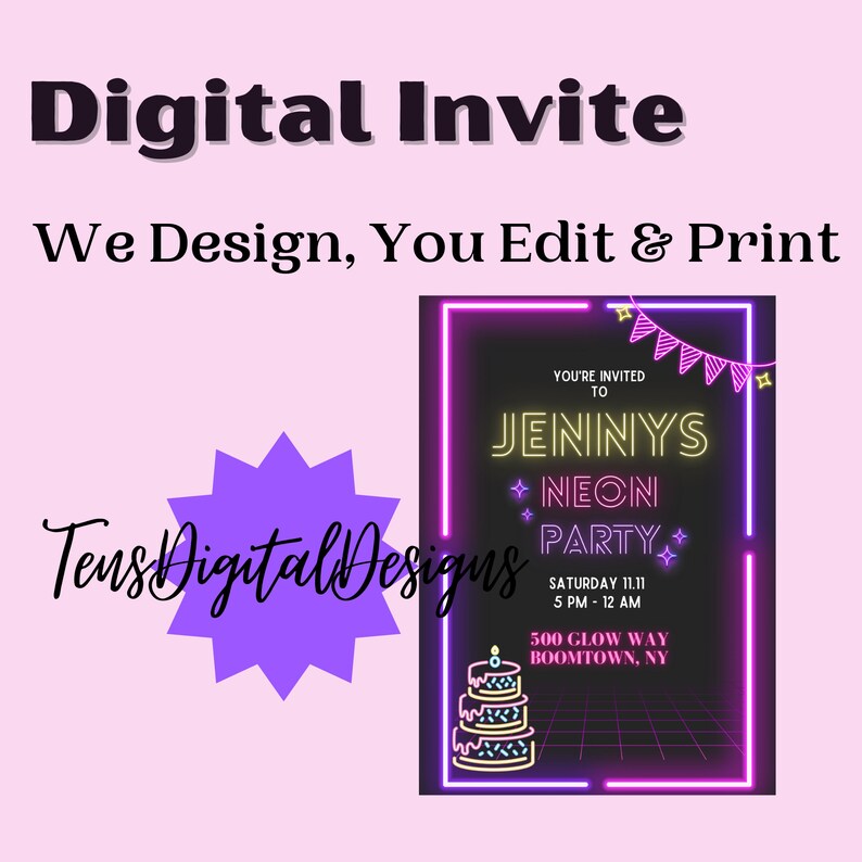 Neon Party Invitation | Editable Digital Invitation | Glow Party ...