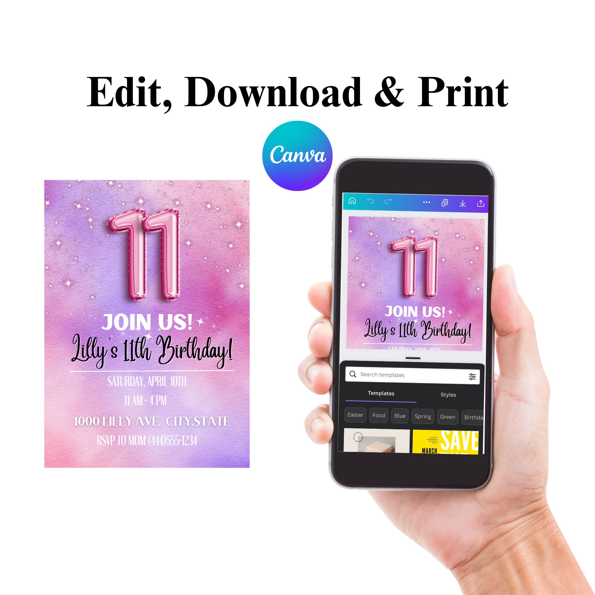 11th Birthday Invitation for Girl, Shinny Pink Glitter Theme Birthday ...