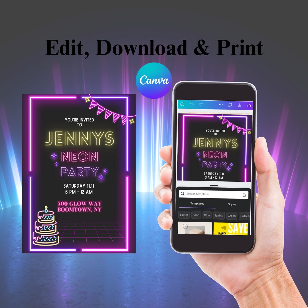 Neon Party Invitation | Editable Digital Invitation | Glow Party ...