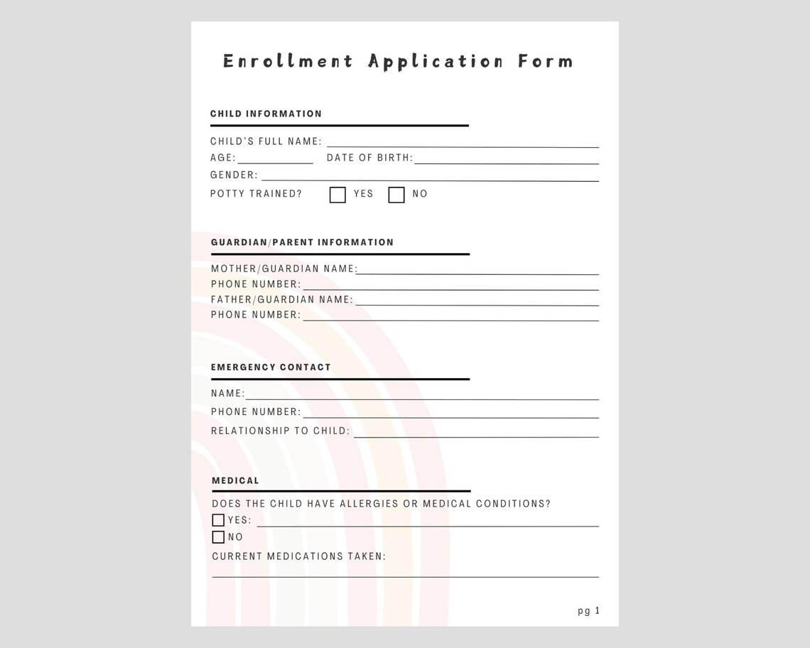 DAYCARE ENROLLMENT APPLICATION. Childcare Application Form. Daycare ...