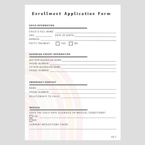 DAYCARE ENROLLMENT APPLICATION. Childcare Application Form. Daycare ...