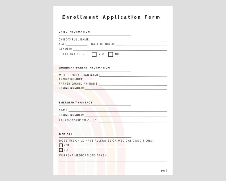 DAYCARE ENROLLMENT APPLICATION. Childcare Application Form. Daycare ...