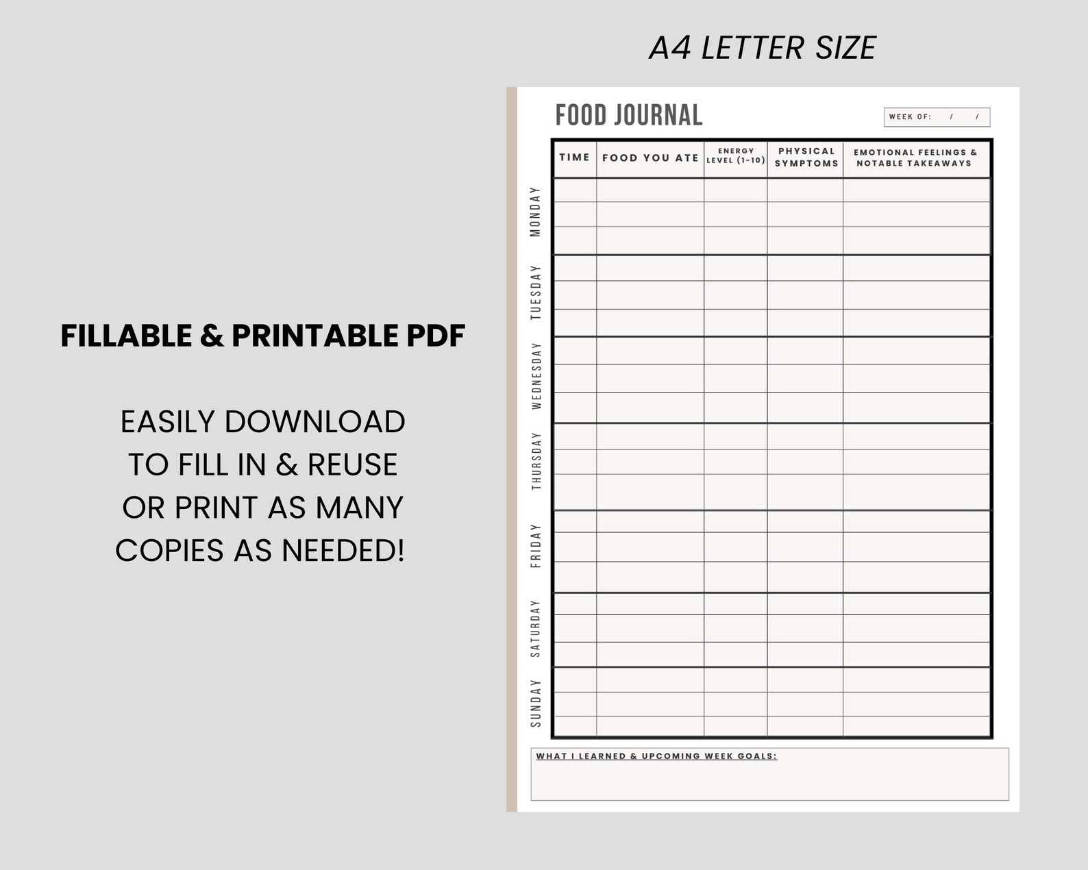 Weekly Food Journal- Printable Food Diary, Meal Tracker PDF, Calorie ...