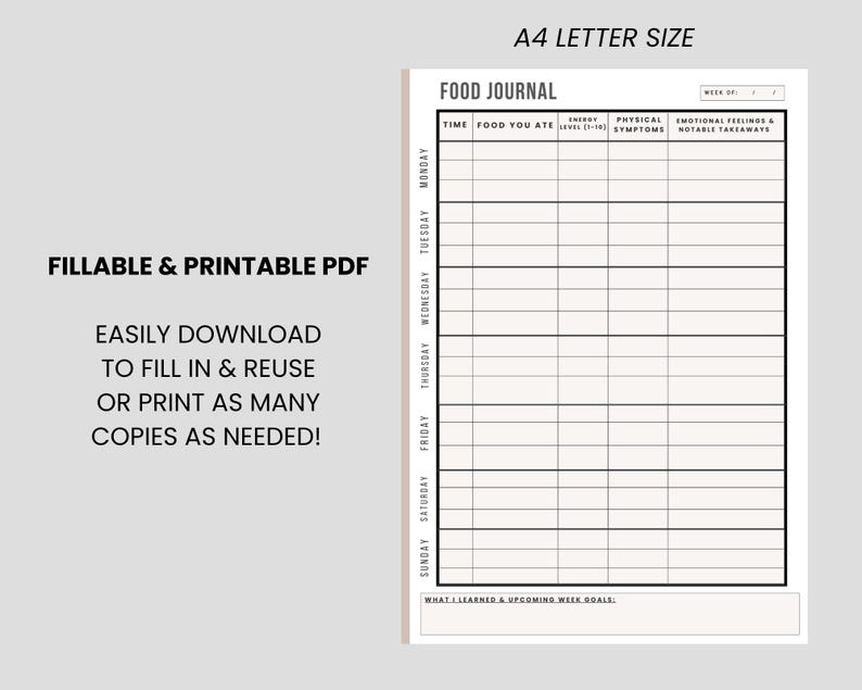 Weekly Food Journal- Printable Food Diary, Meal Tracker PDF, Calorie ...