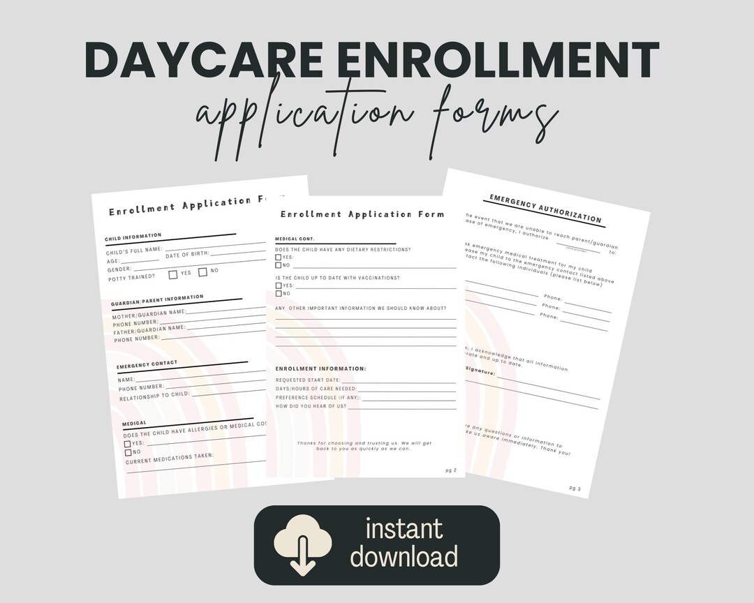 DAYCARE ENROLLMENT APPLICATION. Childcare Application Form. Daycare ...