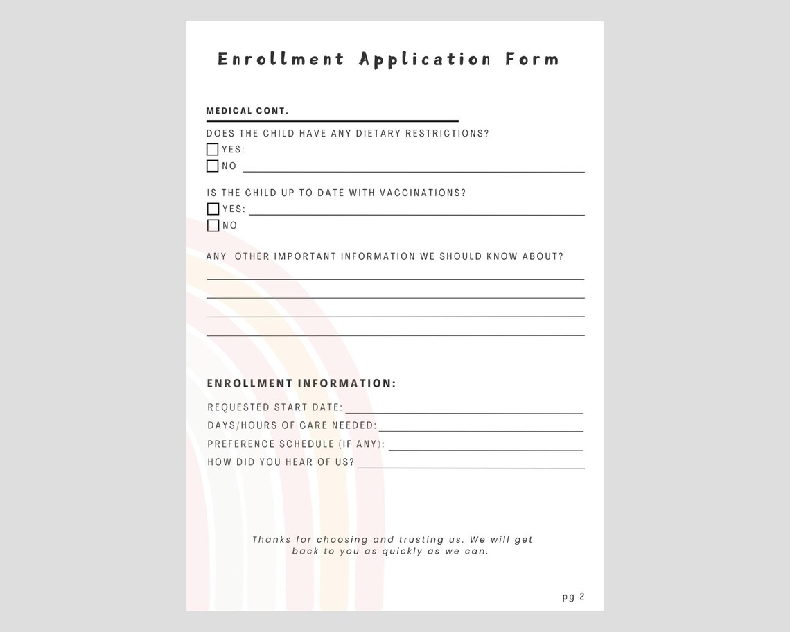 DAYCARE ENROLLMENT APPLICATION. Childcare Application Form. Daycare ...