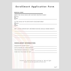 DAYCARE ENROLLMENT APPLICATION. Childcare Application Form. Daycare ...