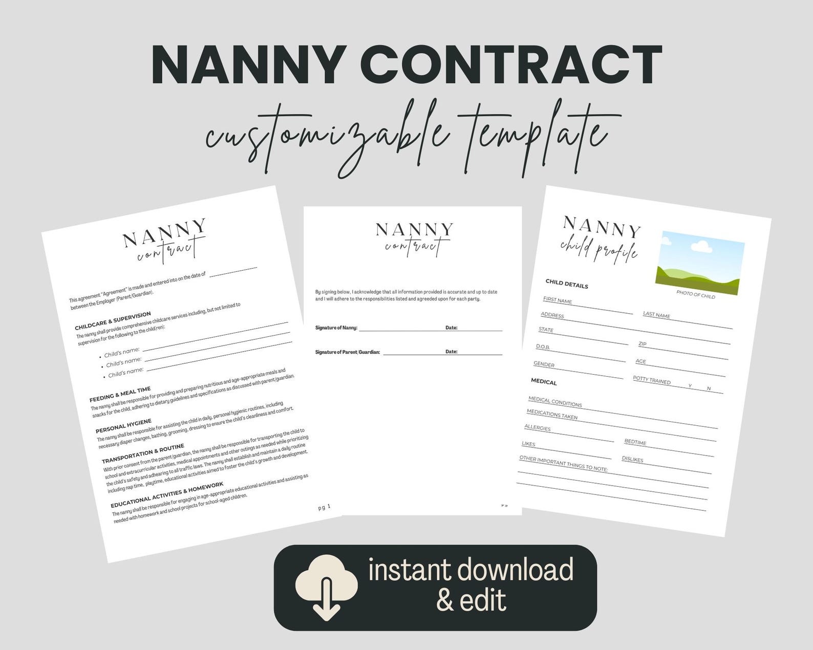 EDITABLE Nanny Contract Template, Nanny Agreement Worksheet, Babysitter ...