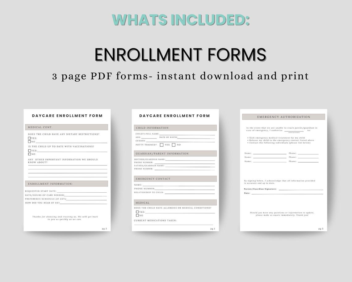 Daycare Enrollment Forms, Childcare Forms for Parents, Printable ...