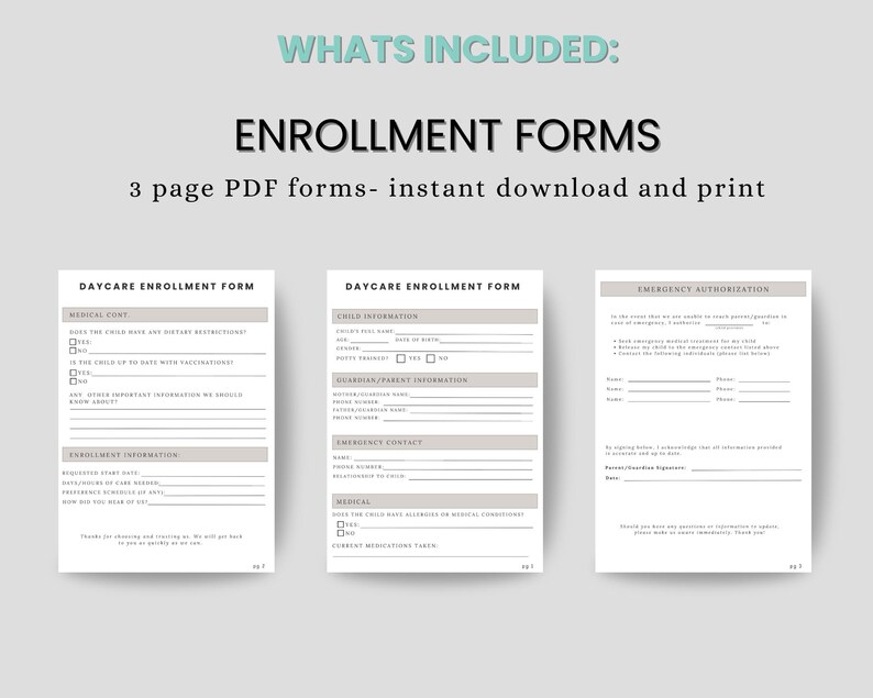 Daycare Enrollment Forms, Childcare Forms for Parents, Printable ...