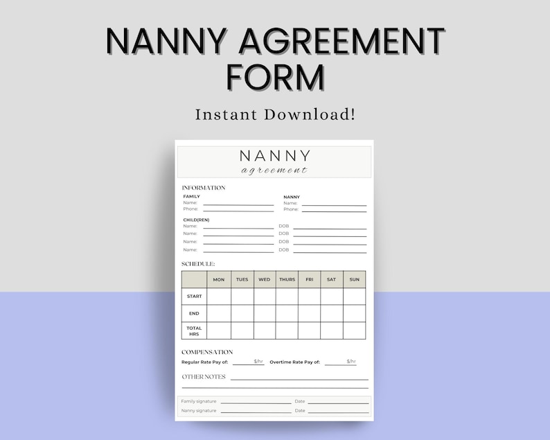 NANNY AGREEMENT Form, Printable Nanny Contract, Fillable PDF Form ...