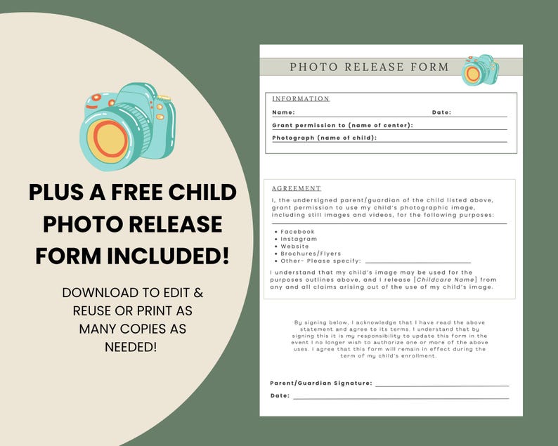 DAYCARE ENROLLMENT Form PDF, Child Care Registration, Photo Release ...
