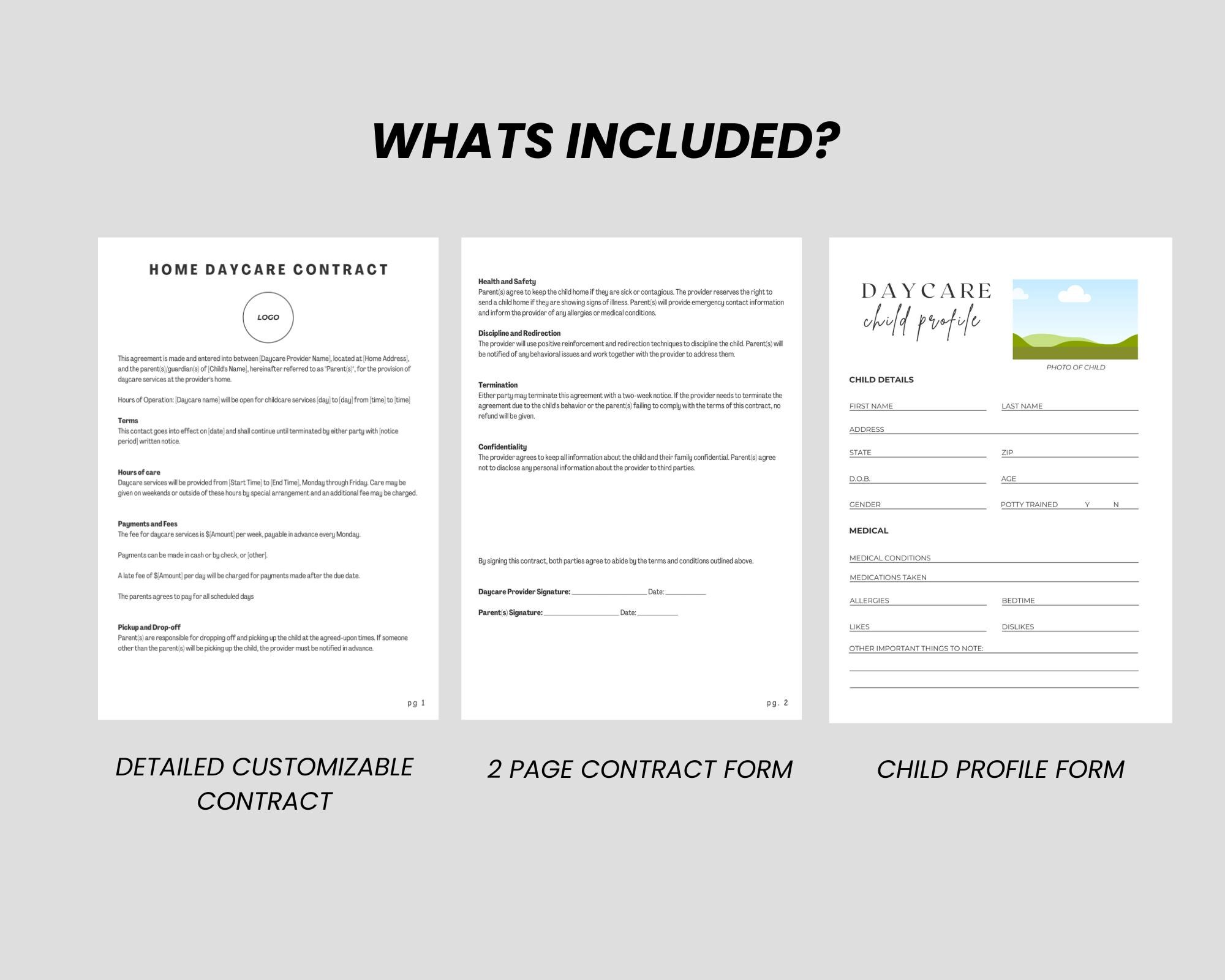 HOME DAYCARE Contract PDF Template, Childcare Agreement for Parents ...