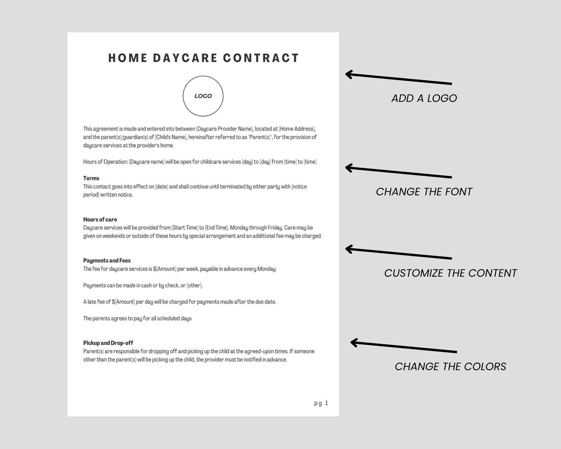 HOME DAYCARE Contract PDF Template, Childcare Agreement for Parents ...