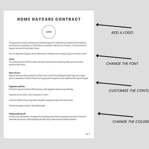 HOME DAYCARE Contract PDF Template, Childcare Agreement for Parents ...