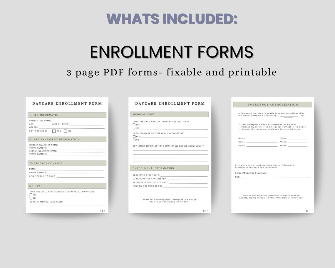DAYCARE ENROLLMENT BUNDLE Template, Daycare Forms, Home Daycare Form ...