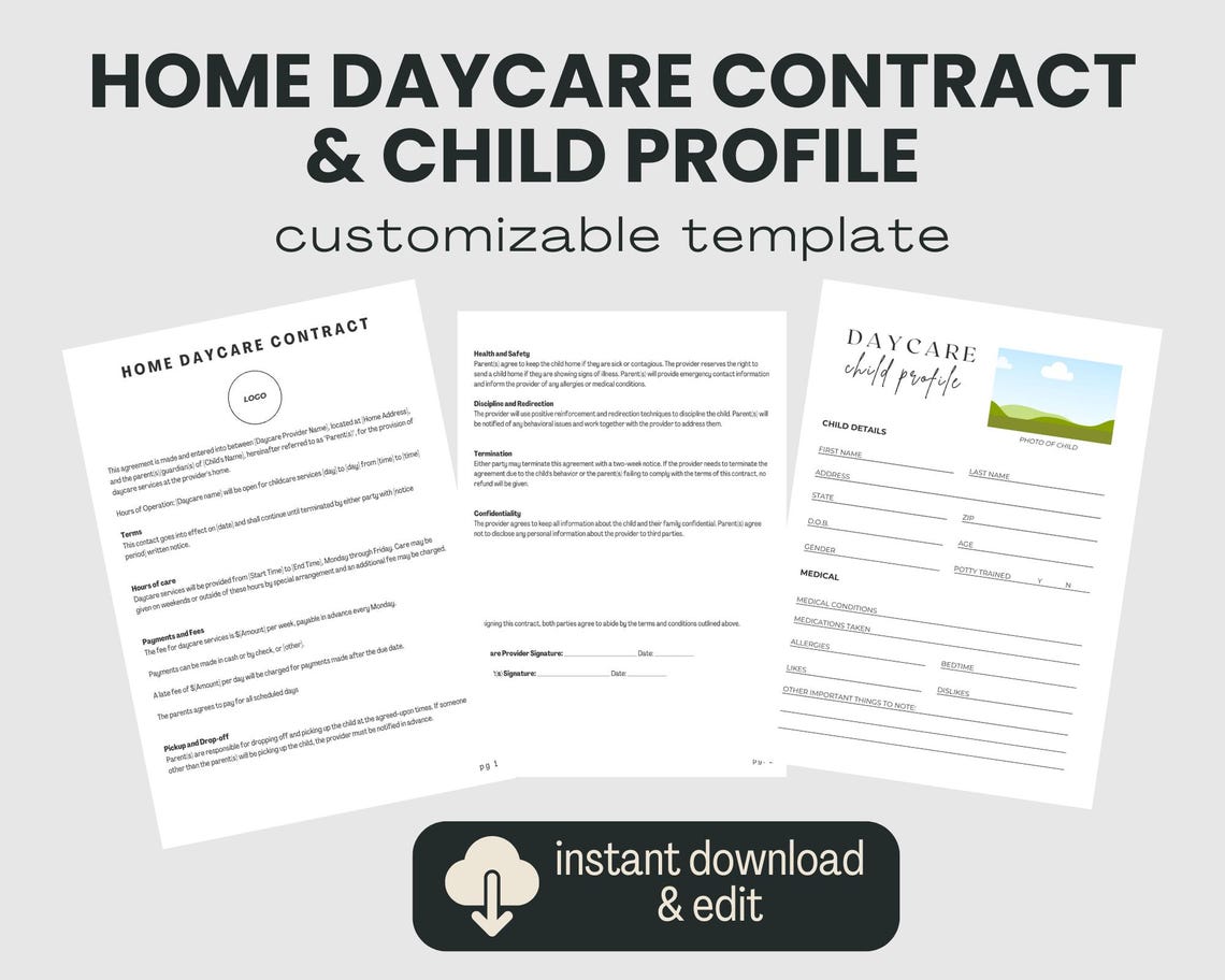 HOME DAYCARE Contract PDF Template, Childcare Agreement for Parents ...