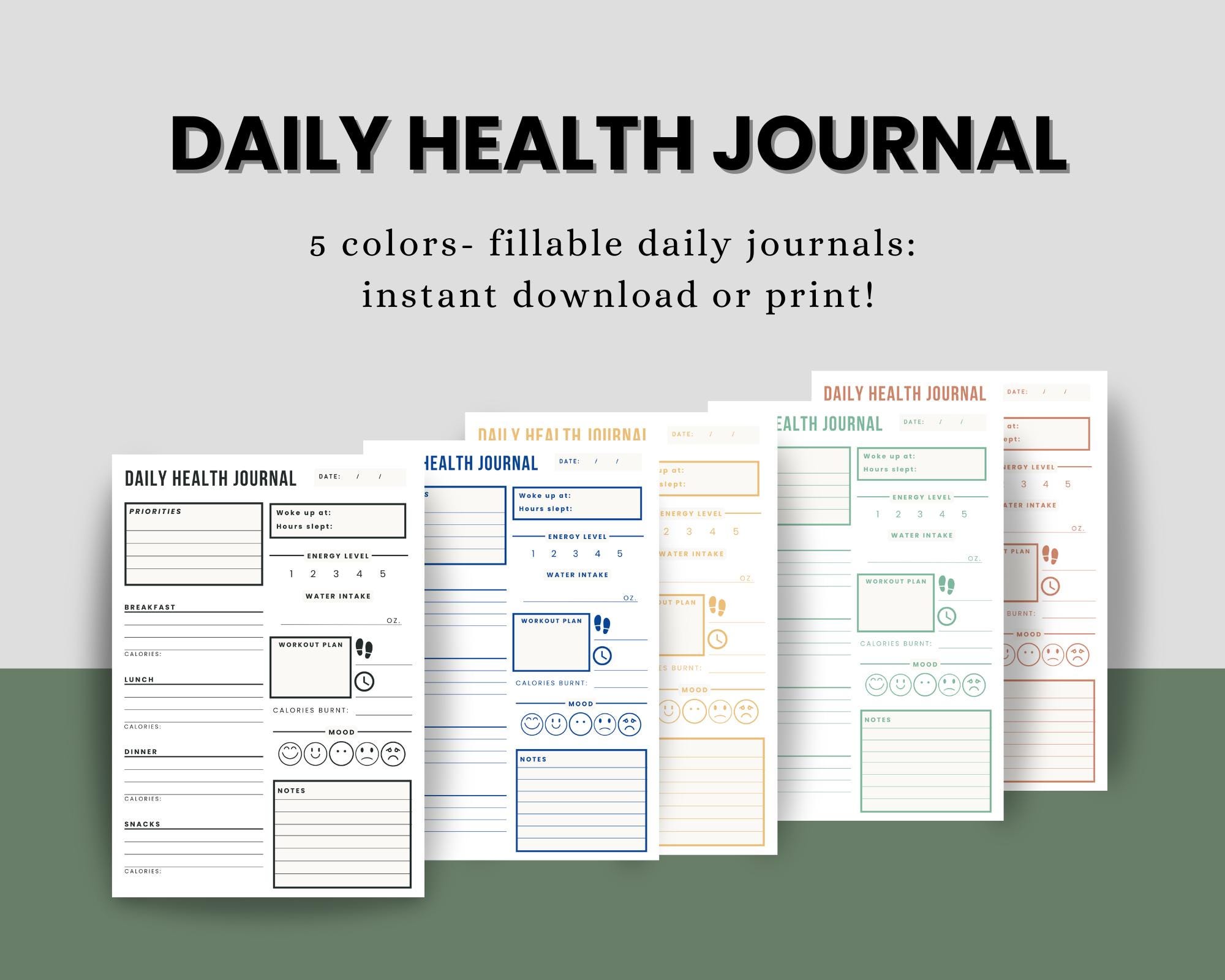 Daily Health Journal, Daily Food Journal, Habit Tracker • PDF Printable ...