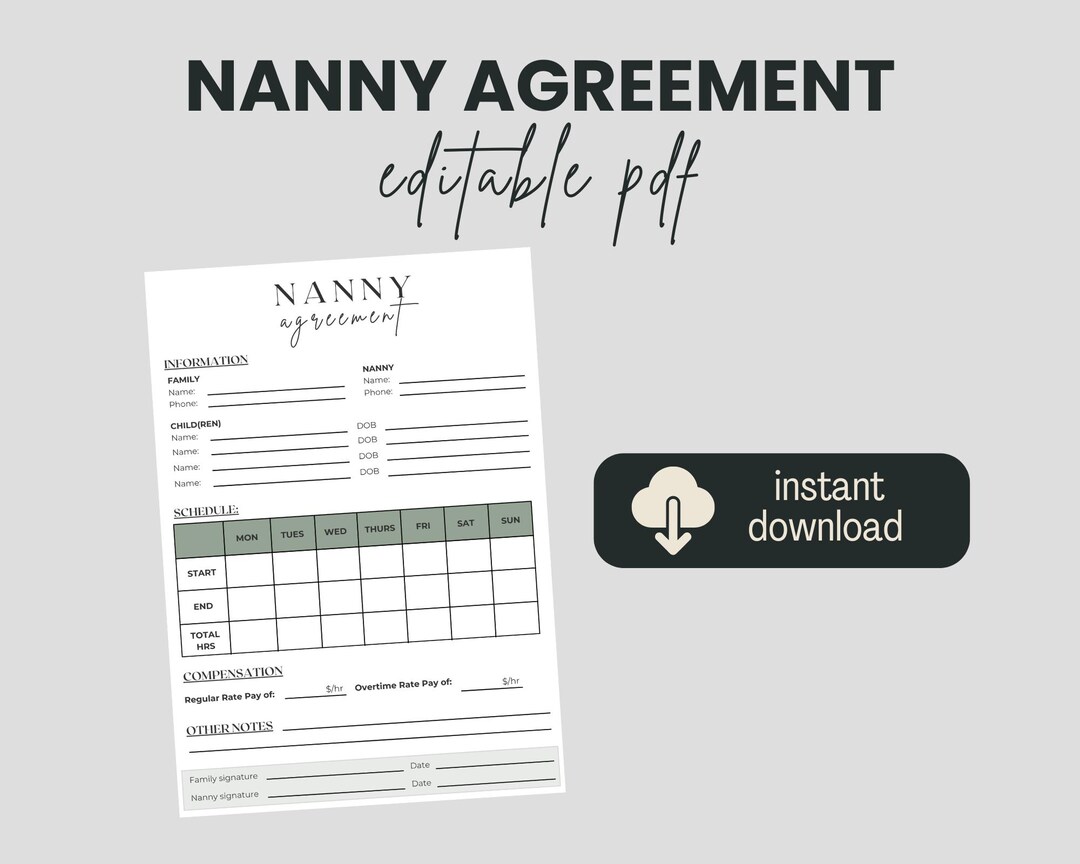 NANNY AGREEMENT Contract, Printable Nanny Contract, Fillable PDF ...