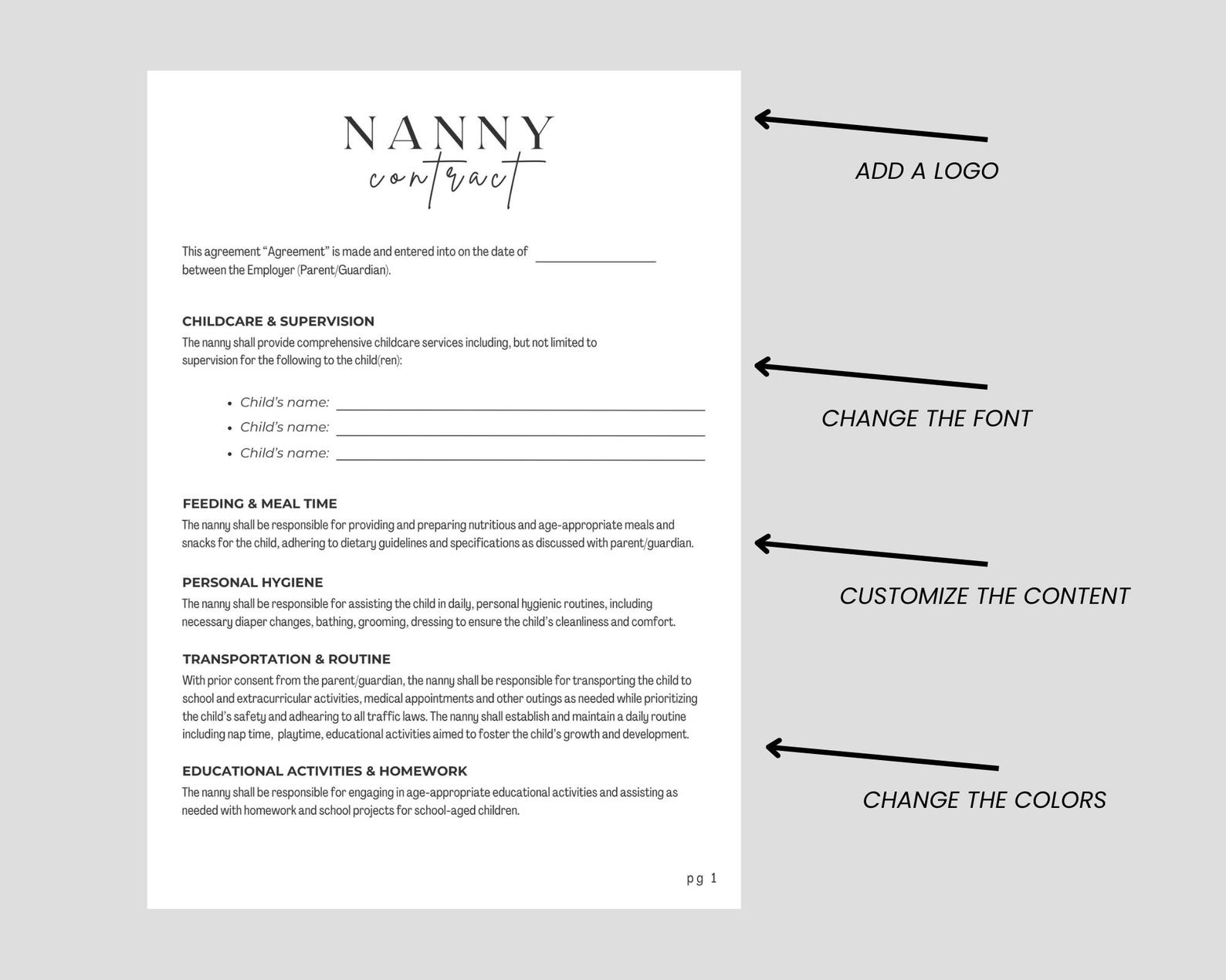 EDITABLE Nanny Contract Template, Nanny Agreement Worksheet, Babysitter ...
