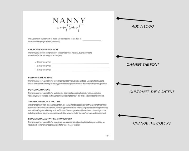 EDITABLE Nanny Contract Template, Nanny Agreement Worksheet, Babysitter ...