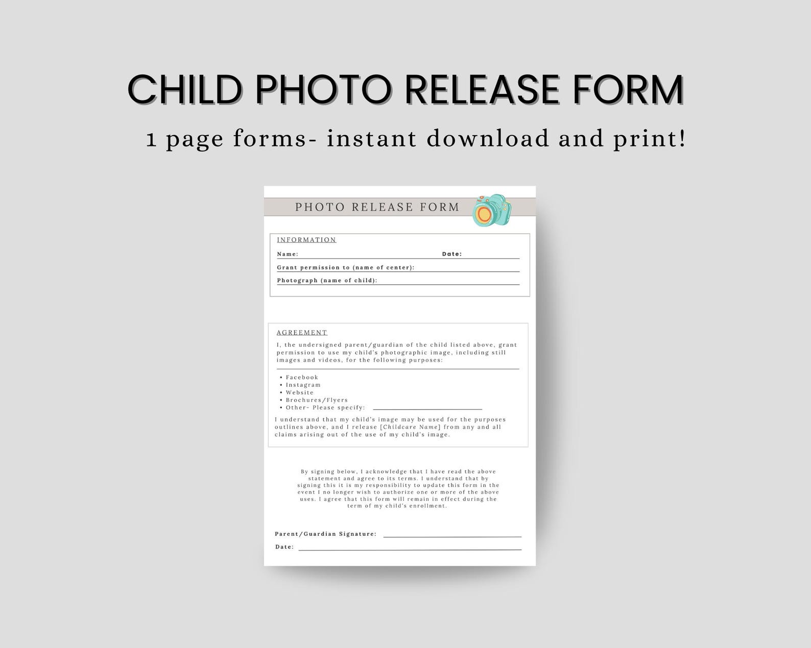 Daycare Enrollment Forms, Childcare Forms for Parents, Printable ...