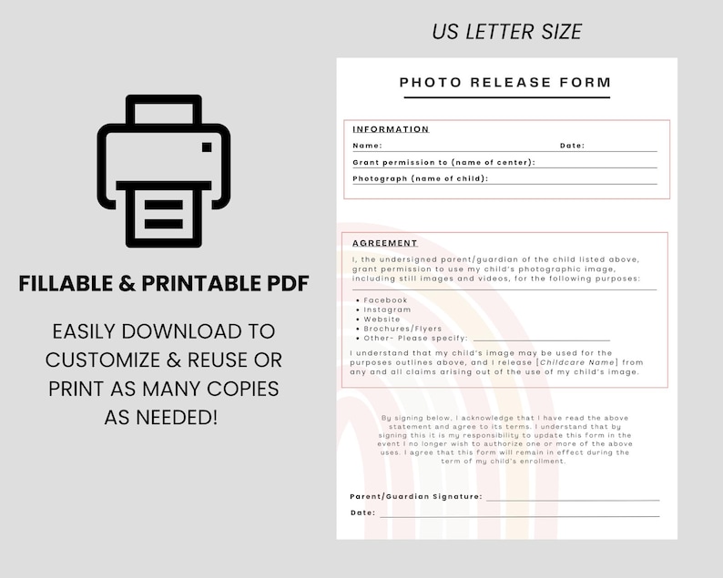 CHILDCARE PHOTO RELEASE Form, Home Daycare Forms, Daycare Forms ...