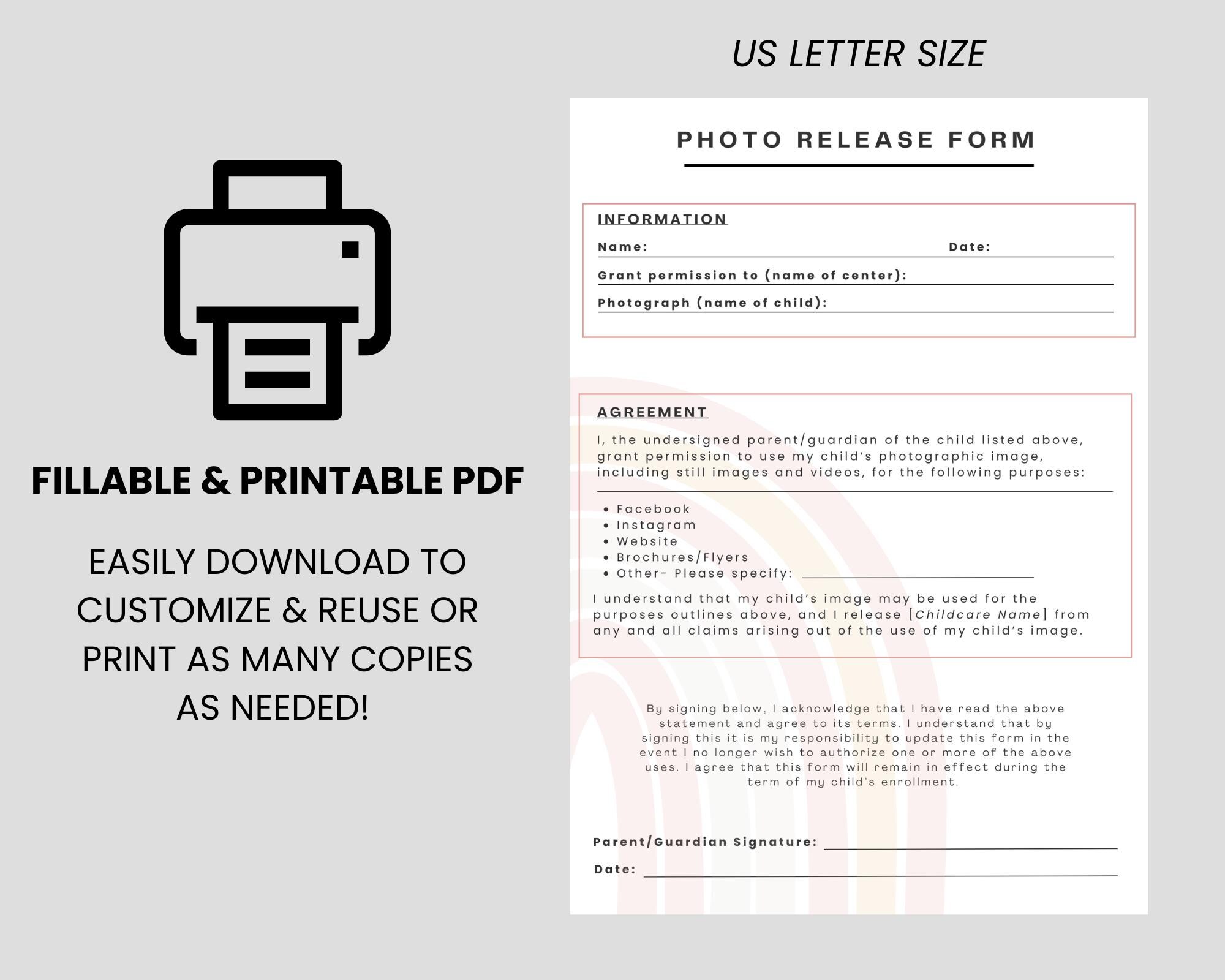 CHILDCARE PHOTO RELEASE Form, Home Daycare Forms, Daycare Forms ...