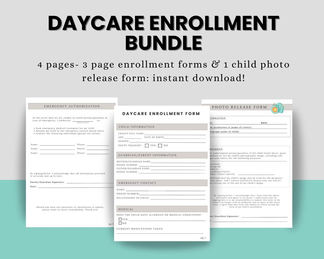 Daycare Enrollment Forms, Childcare Forms for Parents, Printable ...