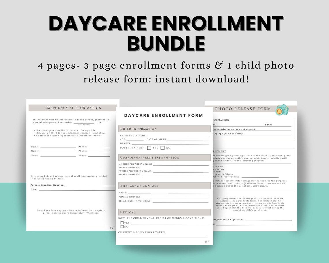 Daycare Enrollment Forms, Childcare Forms for Parents, Printable ...